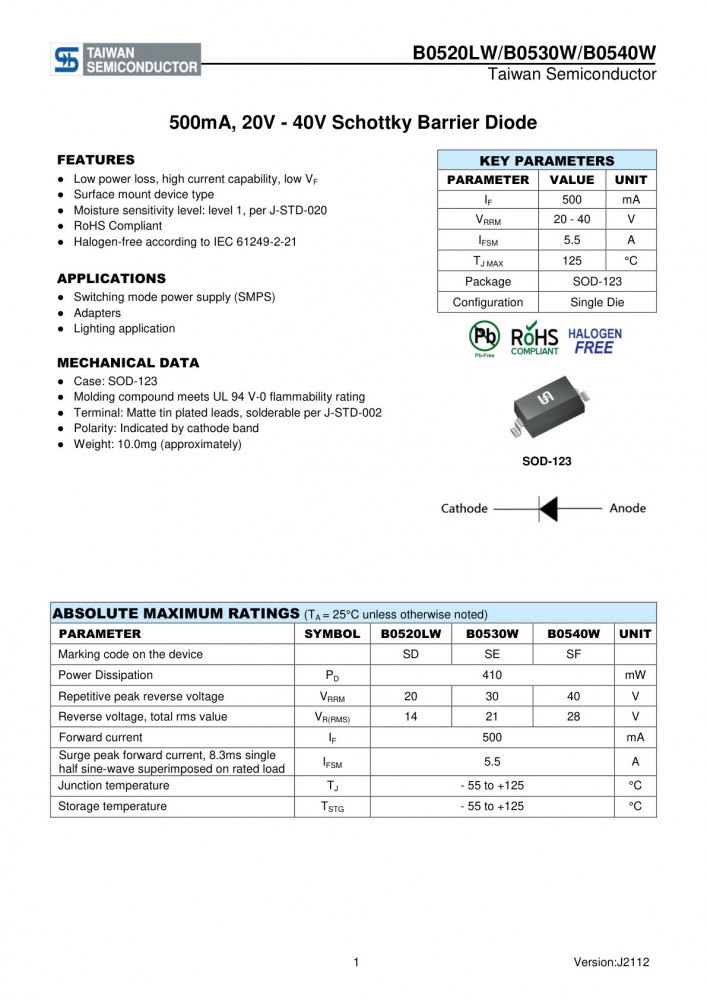 B0530W datasheet page 1