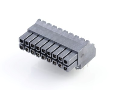 Micro-Fit BMI Receptacle Header, Dual Row, Right-Angle, with Press-fit Plastic Pegs, 1.02µm Tin (Sn) Plating, High-Temp PET Laminate Positioning Strip, 8 Circuits