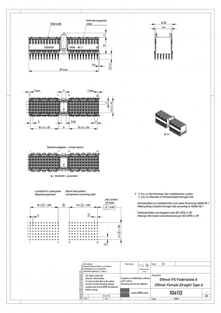 TE Connectivity 104112-E technical drawing and PCB hole pattern