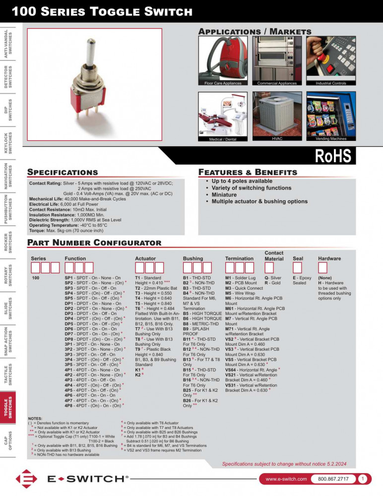 E-Switch 100 Series technical document page 1
