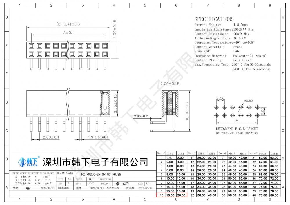 HX PM2.0-2x10P WC H6.35 technical drawing