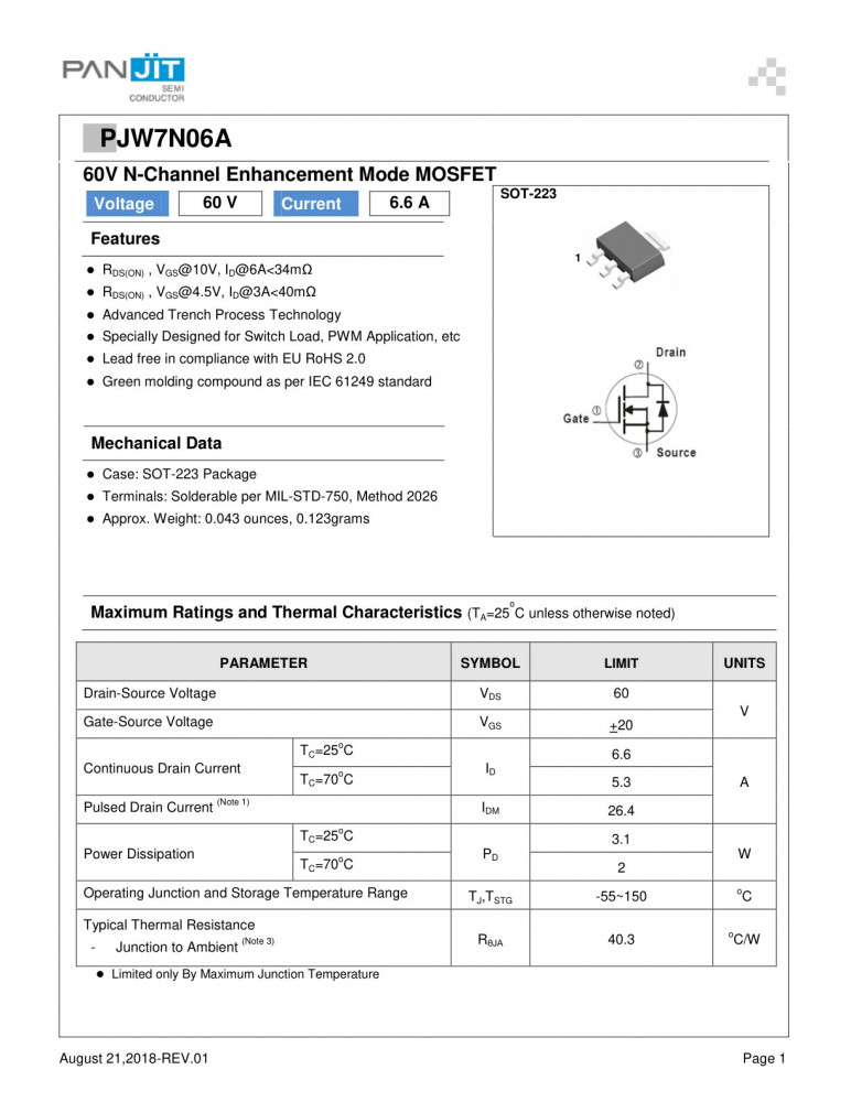 PJW7N06A datasheet page 1