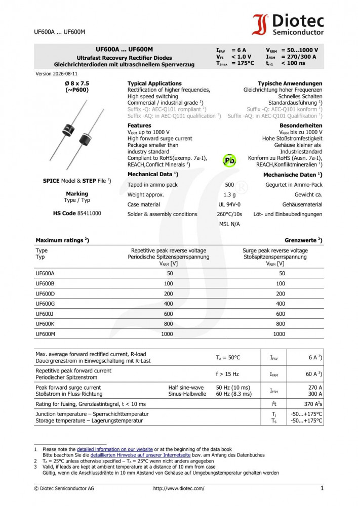 DIOTEC UF600M datasheet page 1