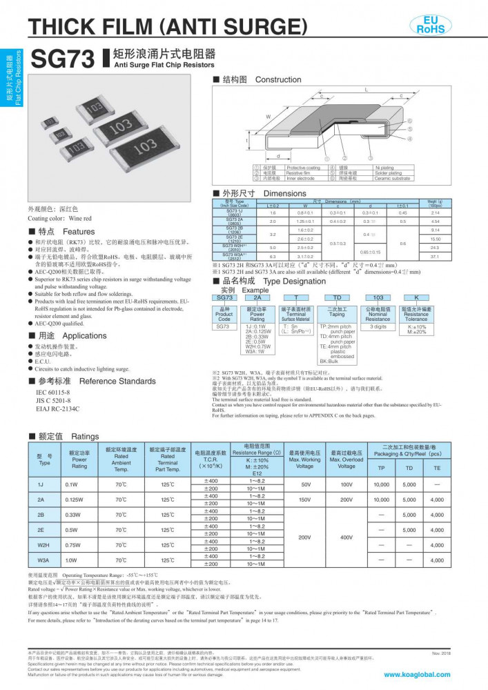 KOA SG73 anti-surge chip resistor datasheet page 1