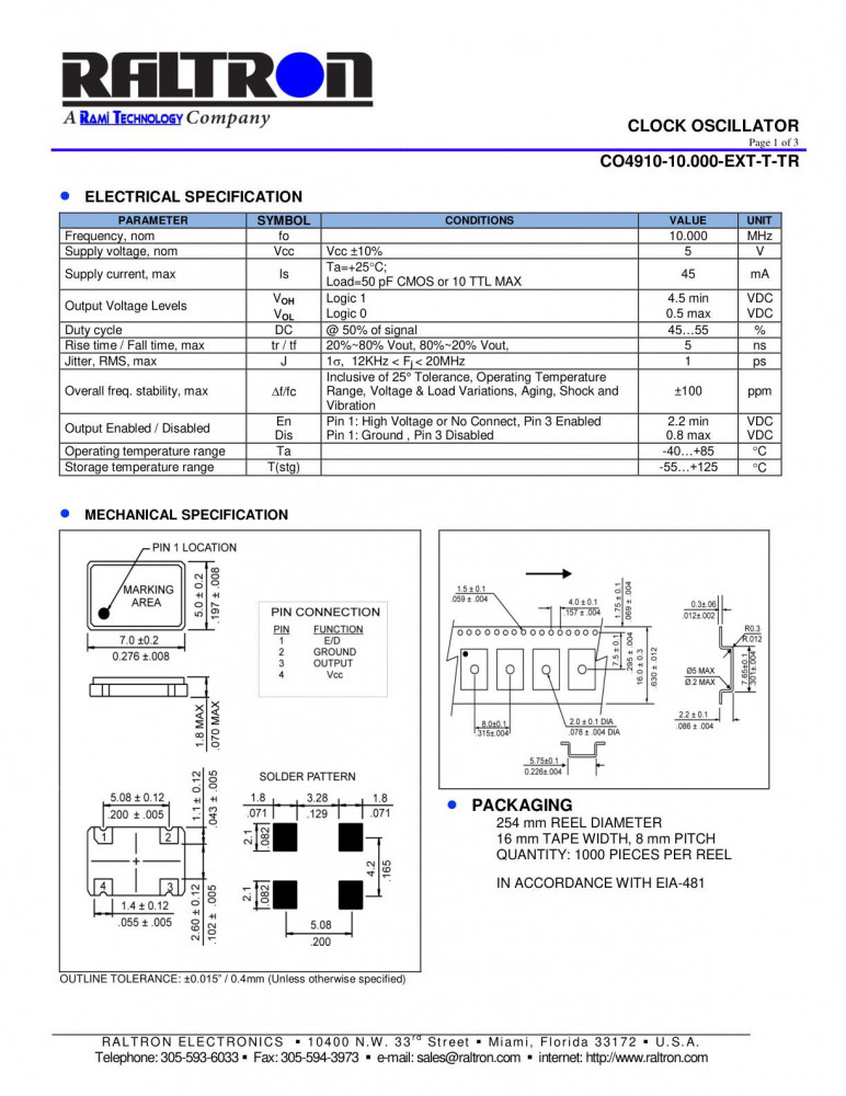 Raltron CO4910-10.000-EXT-T-TR datasheet page 1