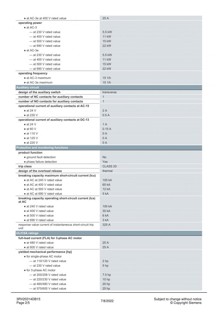 3RV20314DB15 technical document page 2
