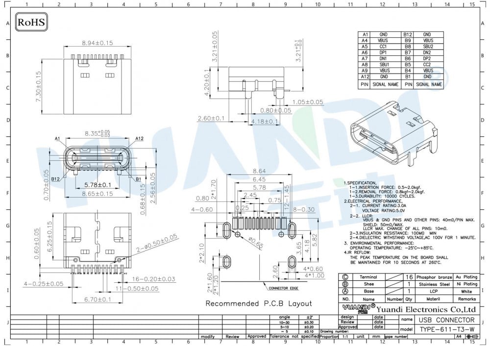 Yuandi TYPE-611-T3-W technical drawing and specification