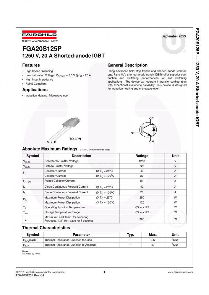 FGA20S125P datasheet page 1