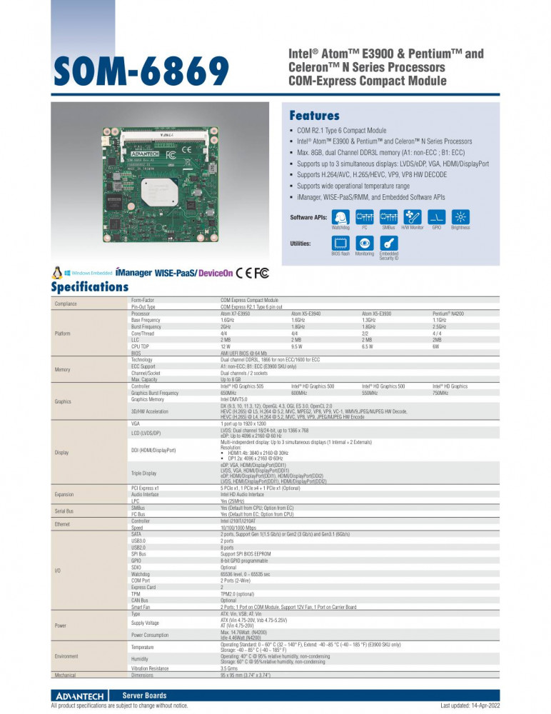 ADVANTECH SOM-6869 product datasheet preview, page 1