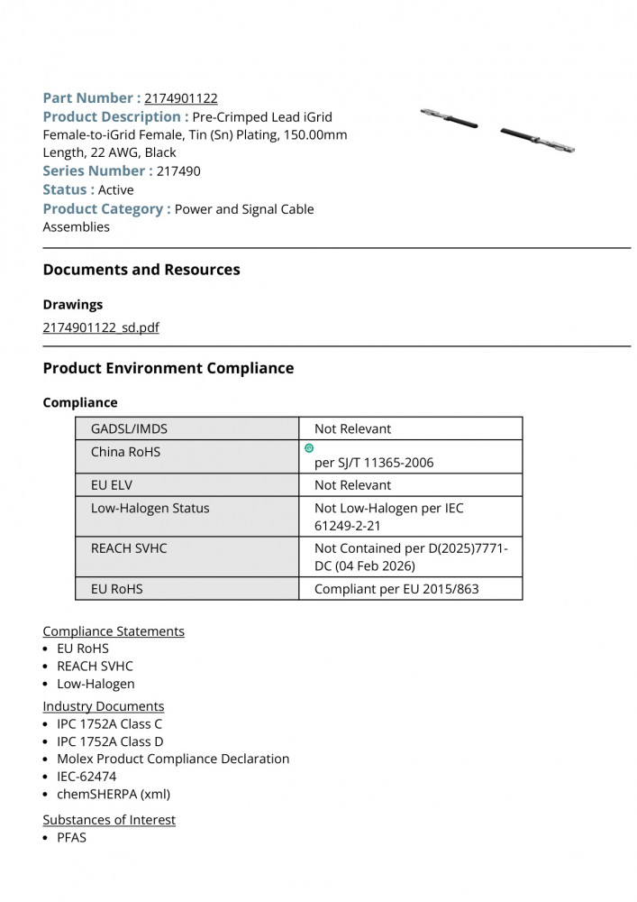 MOLEX 2174901122 product drawing, page 1
