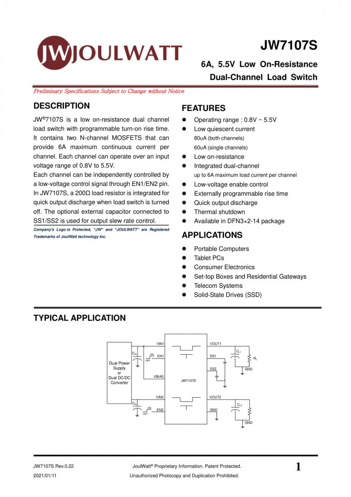 JW7107S datasheet page 1