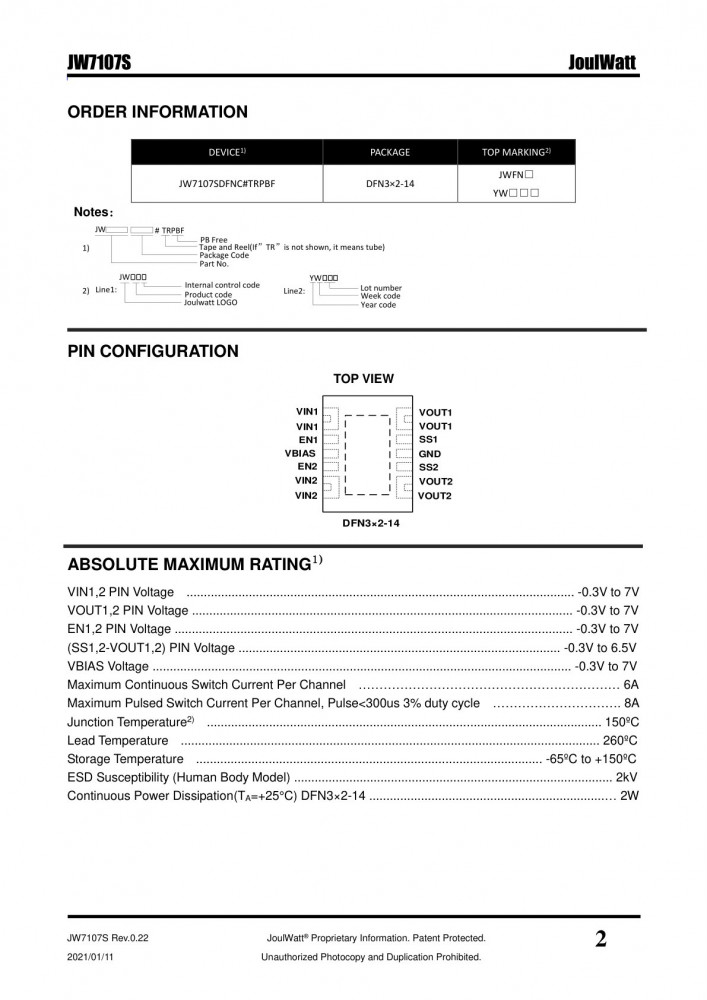 JW7107S datasheet page 2