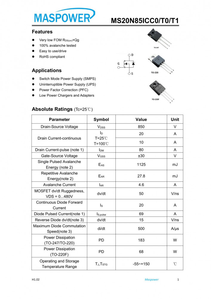 MS20N85ICC0 datasheet page 1