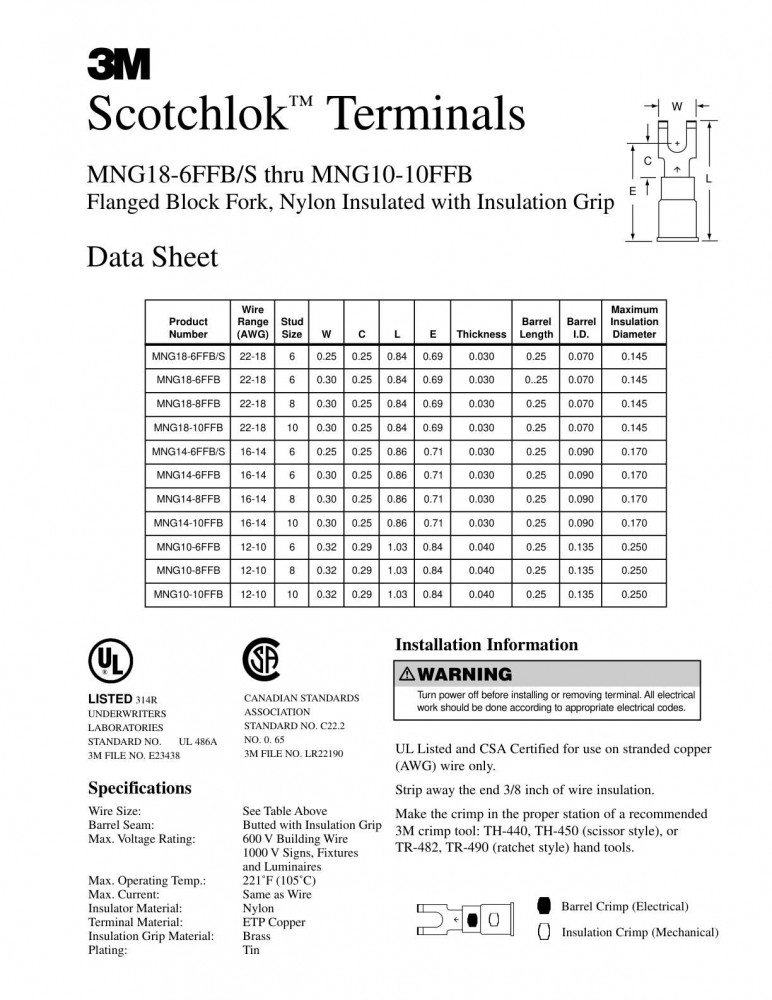 3M MNG10-8FFBK Scotchlok flanged block fork terminal datasheet page 1