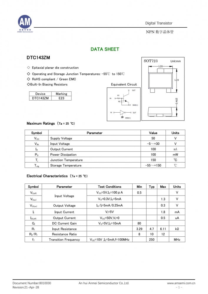 DTC143ZM datasheet page 1
