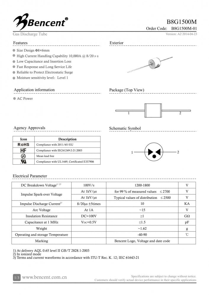 Bencent B8G1500M datasheet page 1