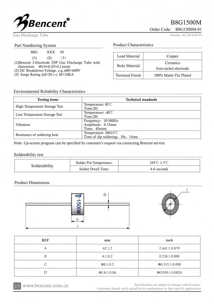 Bencent B8G1500M datasheet page 2