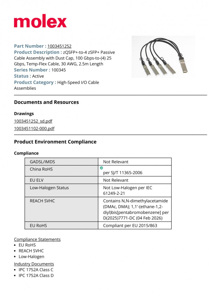 MOLEX 100345 series document image, page 1