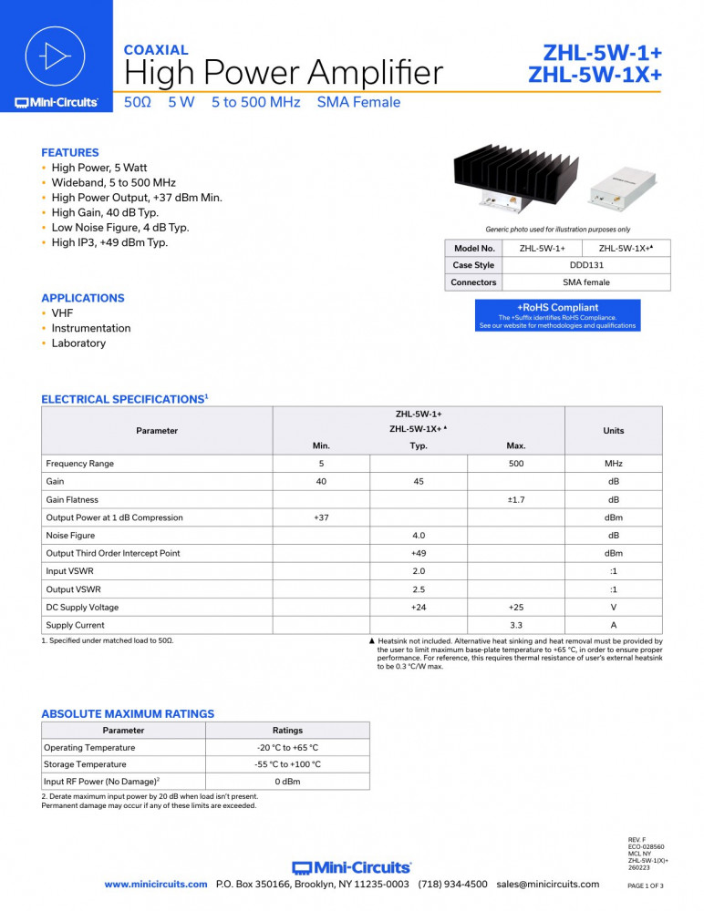 ZHL-5W-1X+ product documentation page 1
