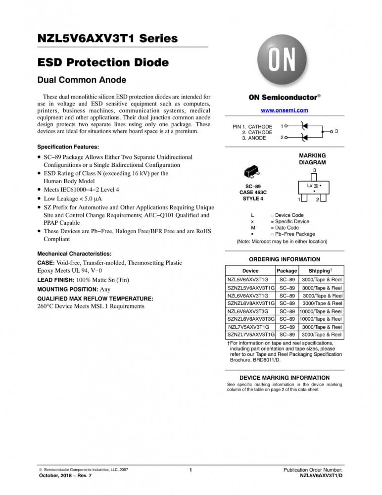SZNZL5V6AXV3T1G datasheet page 1