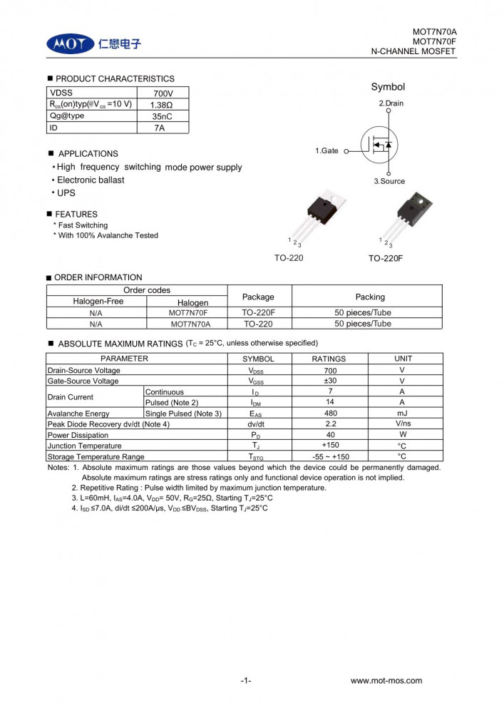 MOT7N70F datasheet page 1