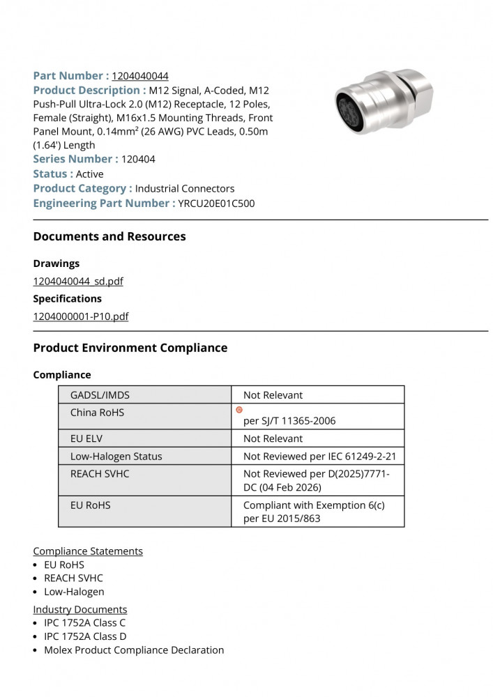 MOLEX Ultra Lock M12 product specification page 1