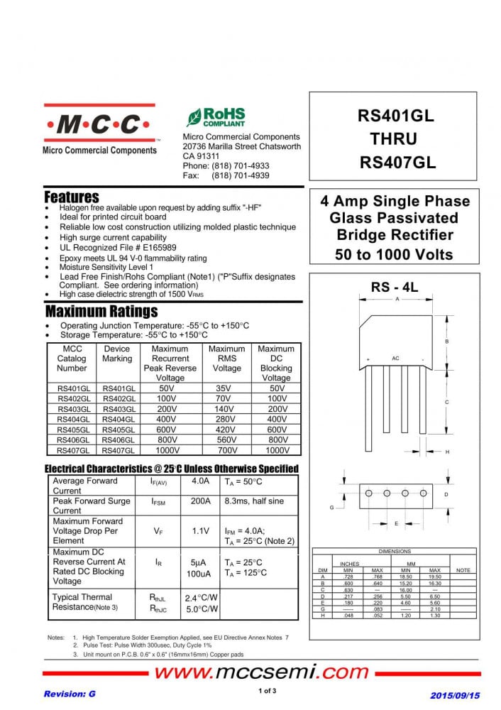 MCC RS407GL-BP datasheet page 1