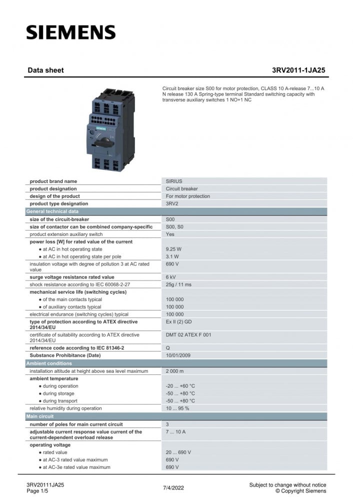 3RV20111JA25 datasheet page 1