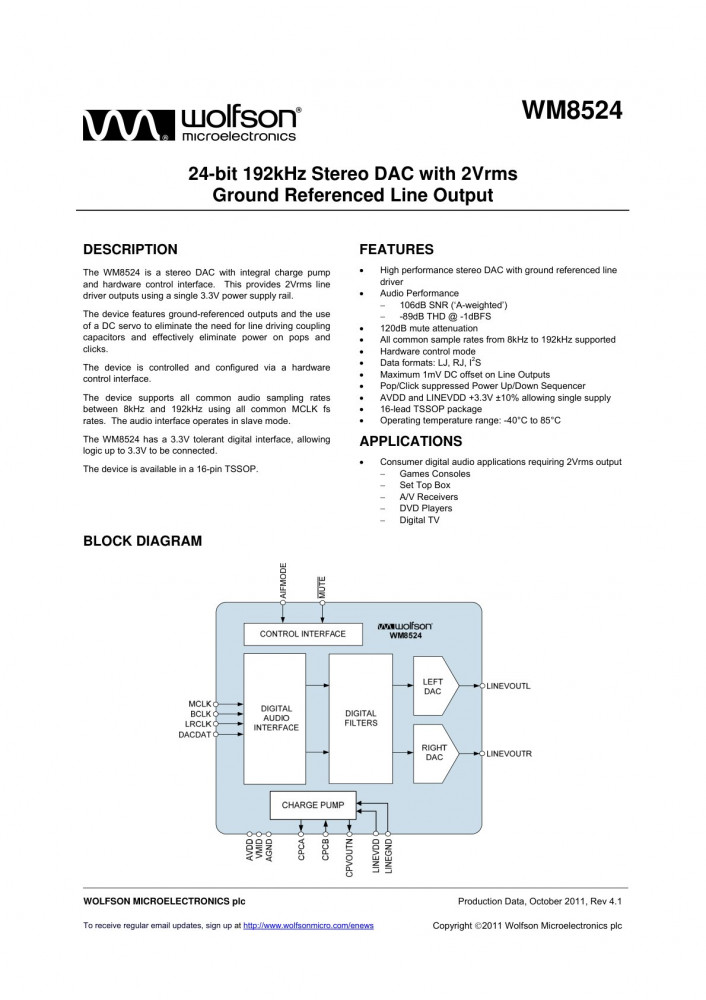 WM8524 datasheet page 1 preview