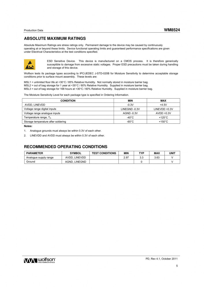 WM8524 datasheet page 5 preview