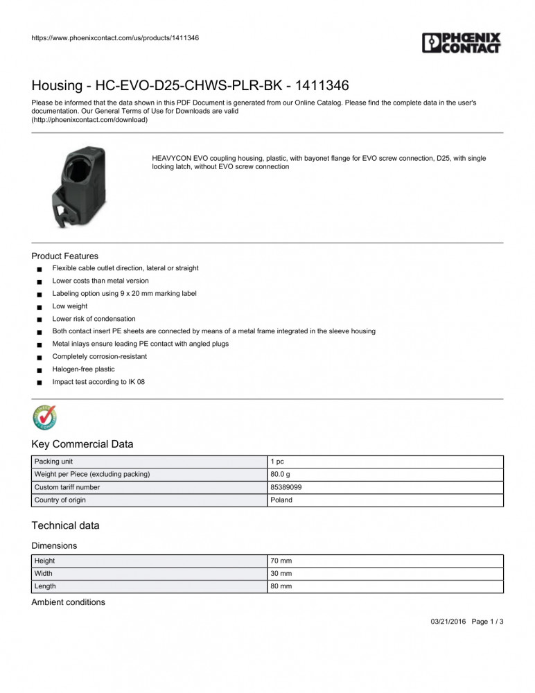 Phoenix Contact 1411346 product data sheet page 1