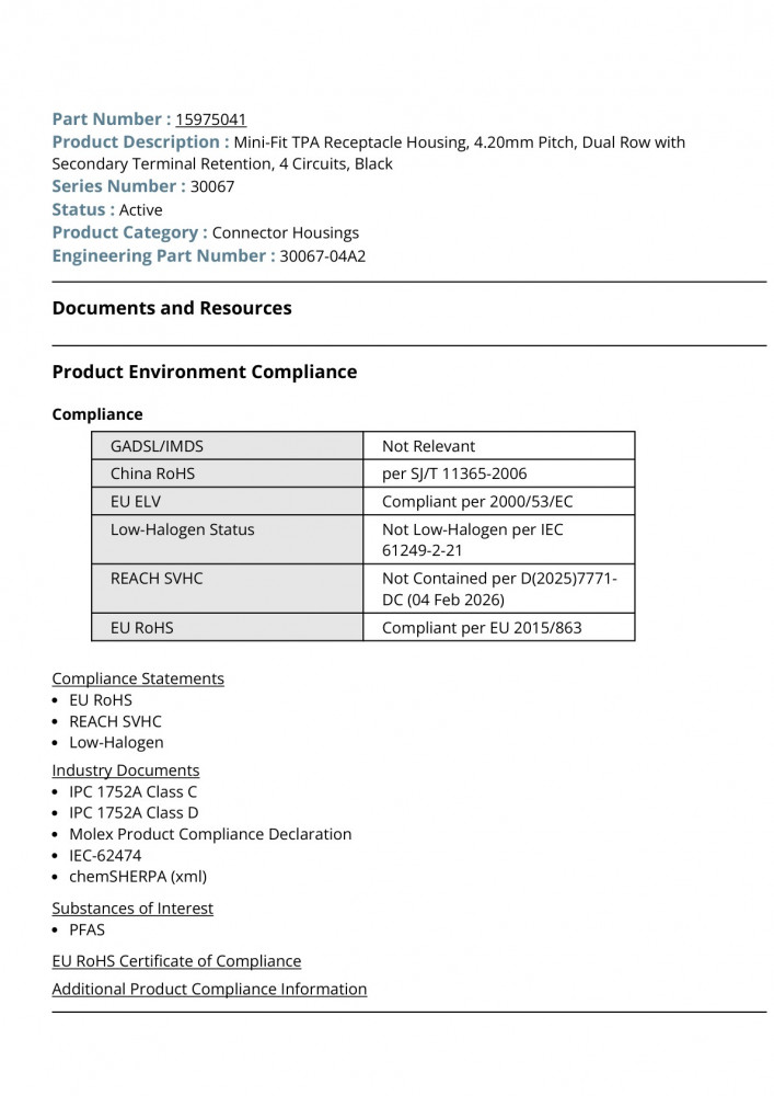 MOLEX Mini-Fit Plus HCS technical document page 1