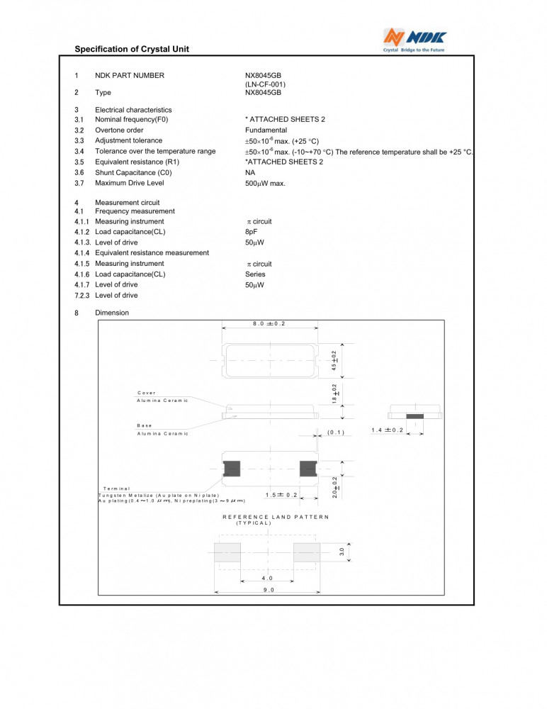 NDK NX8045GB specification document page 1