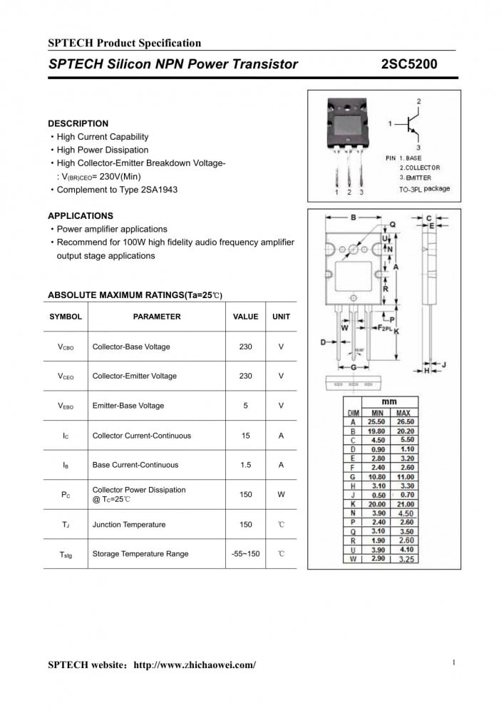 SPTECH 2SC5200 datasheet page 1