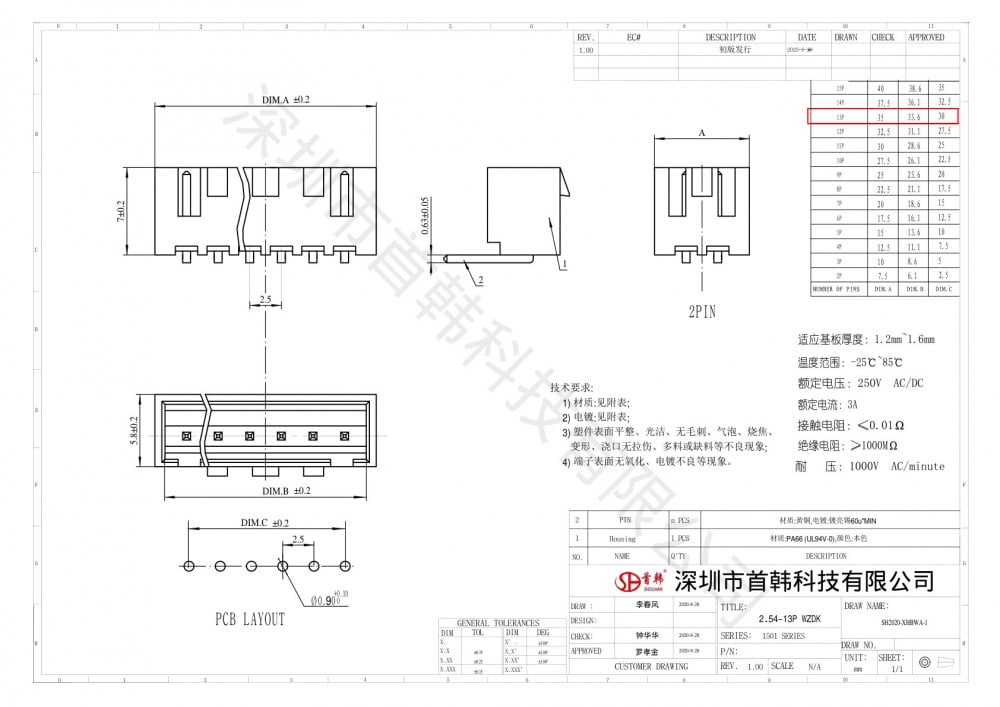 2.54-13P WZDK specification page 1