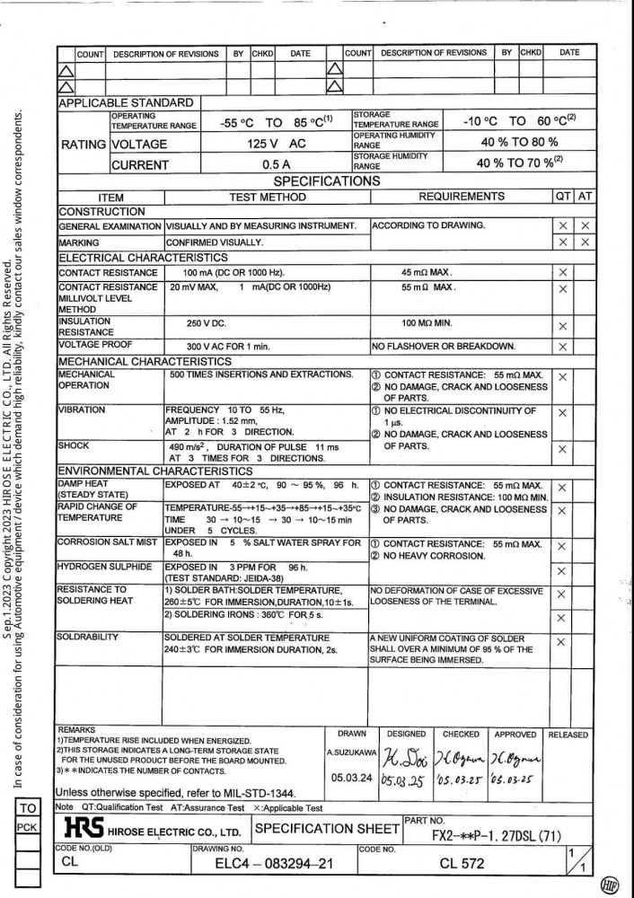 HRS FX2-40P-1.27DSL(71) specification sheet
