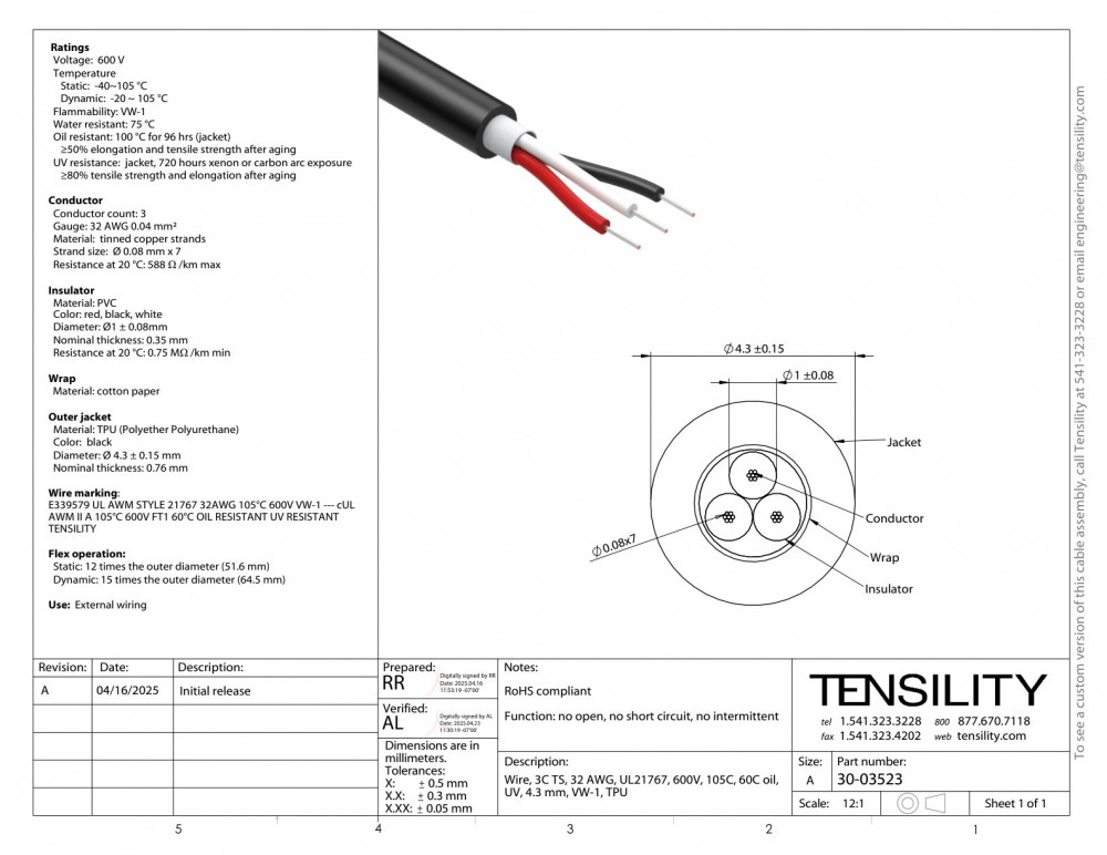 Tensility International 30-03523 technical drawing and cable specifications