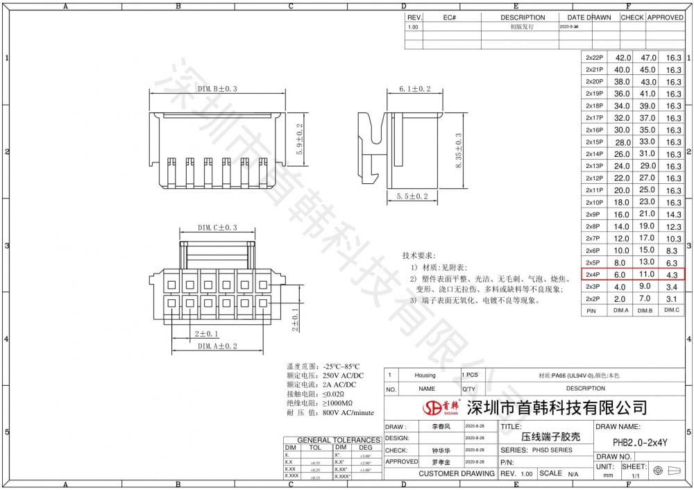 PHB2.0-2x4Y technical document page 1