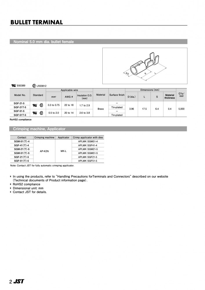 JST SGF-51T-5 terminal technical drawing