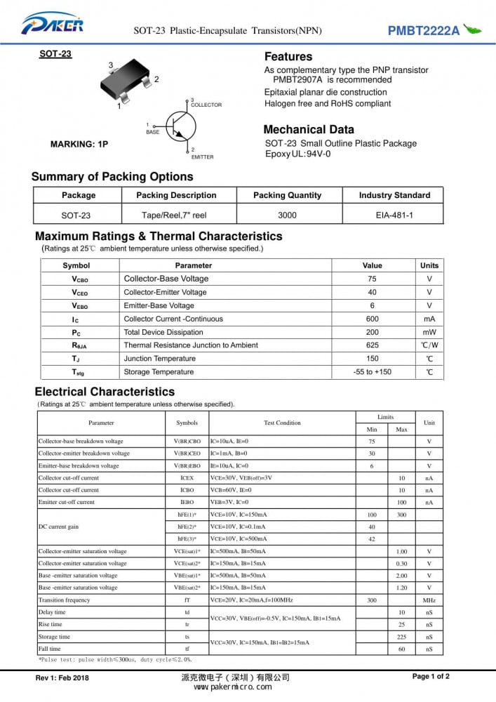 PMBT2222A datasheet page 1