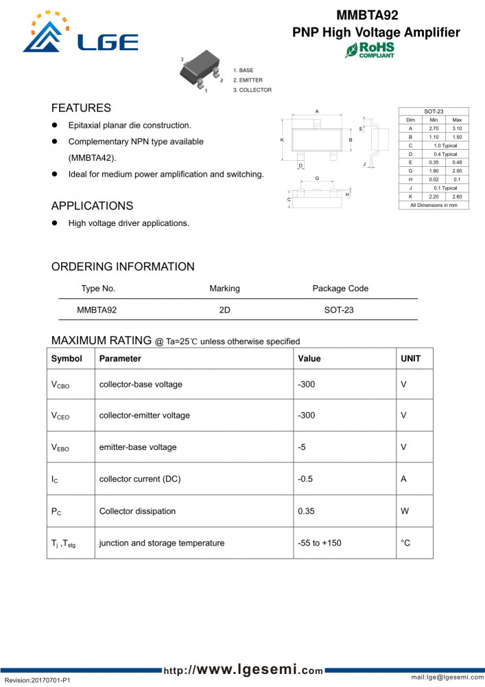 MMBTA92 datasheet page 1