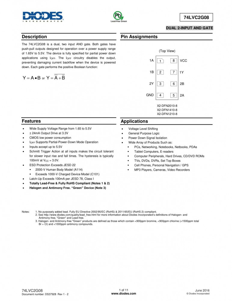 74LVC2G08HD4-7 datasheet page 1