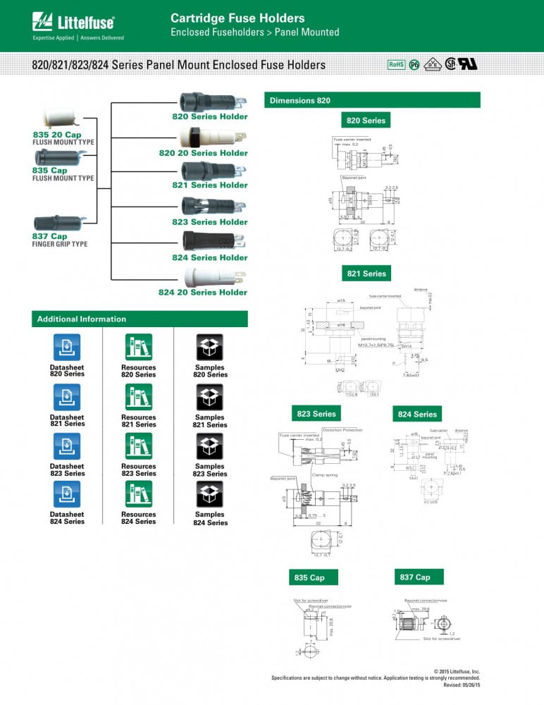 Littelfuse 835 Series and 820 Series technical document page