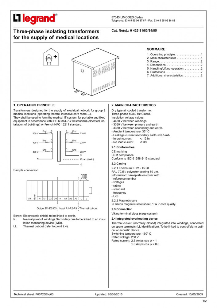 Legrand medical isolating transformer technical document page 1
