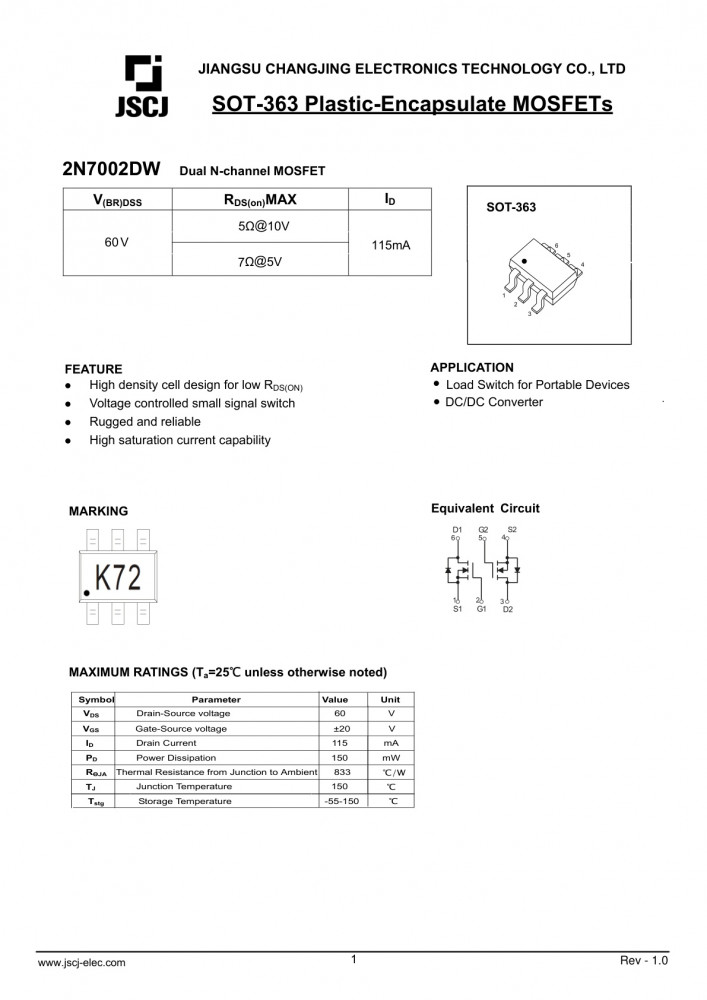 2N7002DW datasheet page 1