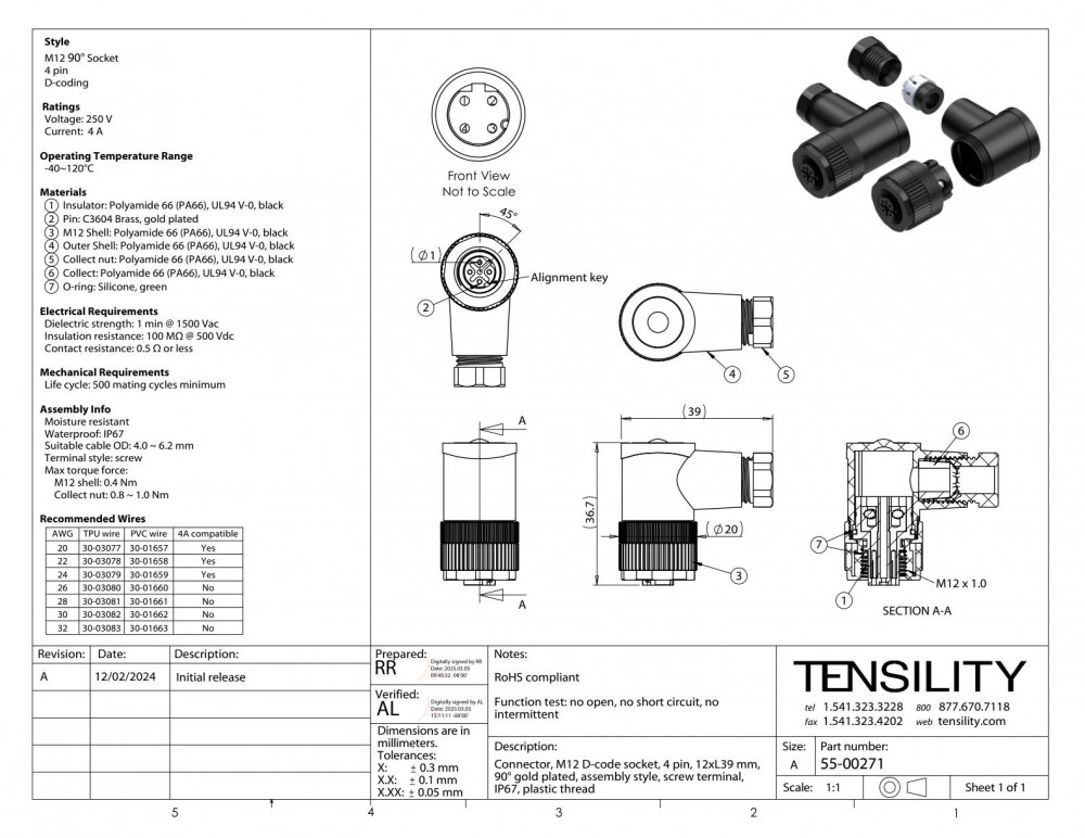 Tensility International 55-00271 M12 D-code four-pin right-angle socket drawing