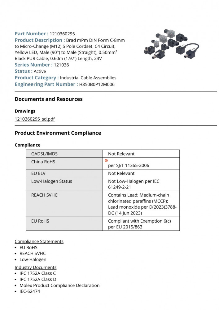Molex H85 DIN C and M12 cordset drawing, page 1