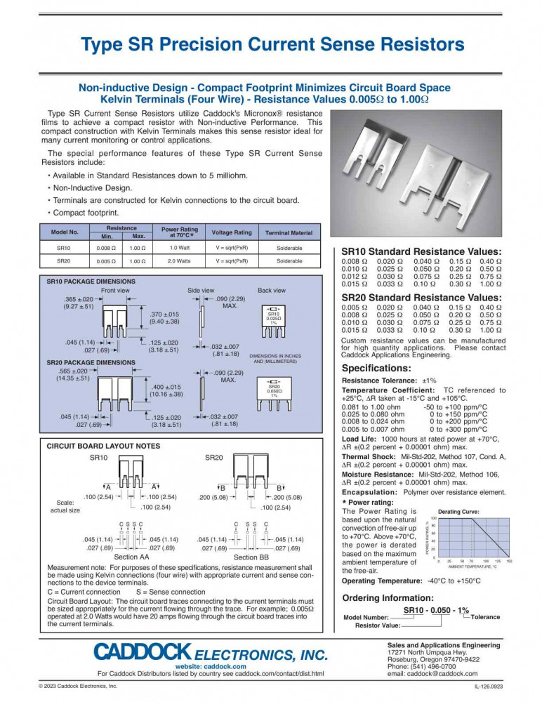 Caddock Type SR current sense resistor datasheet page