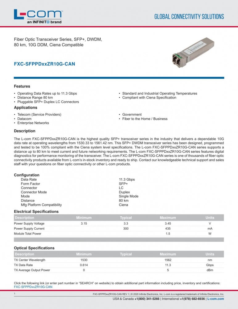 FXC-SFPPD48ZR10G-CAN datasheet page 1