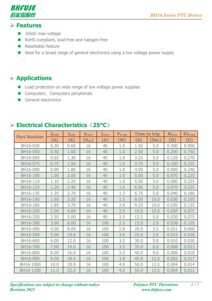 BHFUSE BH16 series datasheet page 1